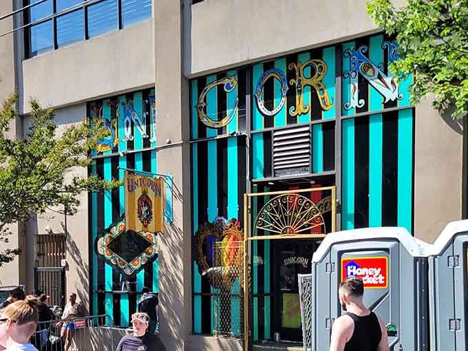 The exterior promises exactly what's inside: bold, colorful, and unapologetically different from everything around it.