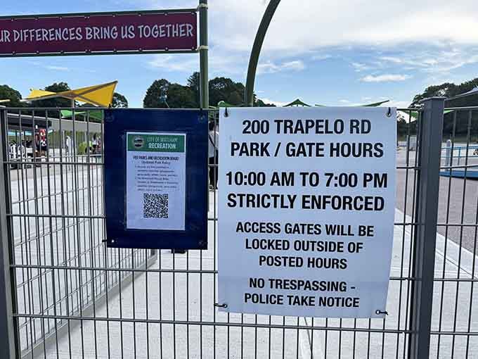 Park hours posted clearly so nobody shows up at 8 AM expecting entry like overeager tourists.