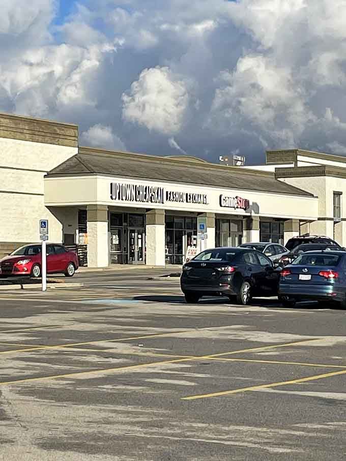 Blue skies above a store full of fashion possibilities, where every visit brings new discoveries and deals.