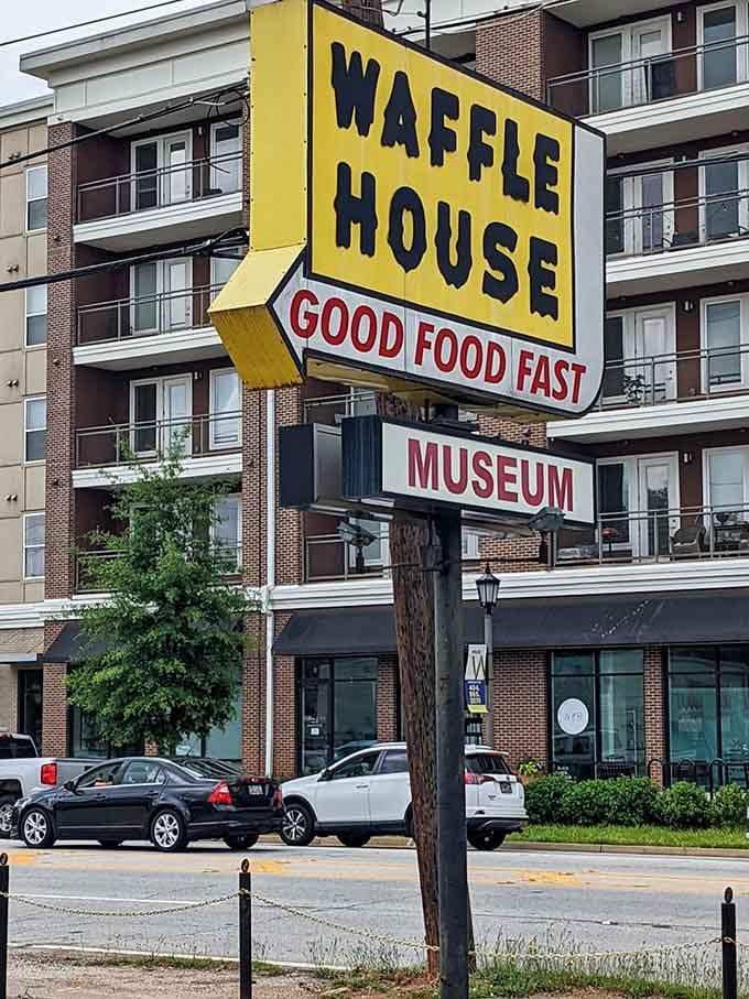 The beacon of breakfast beckons! This iconic yellow sign has guided hungry travelers home through countless late nights and early mornings.