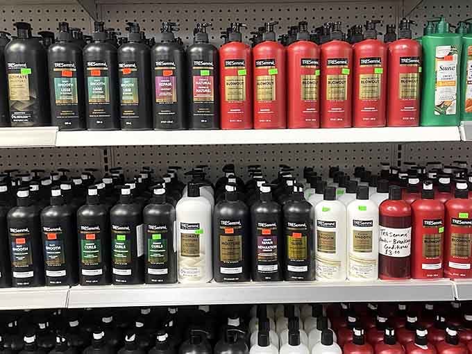 Hair care products lined up like soldiers ready to battle bad hair days with professional-grade ammunition at bargain prices.