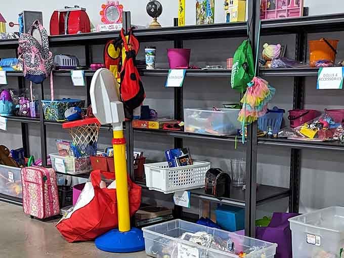 Toys and sports equipment jumble together in cheerful disorder, a playground of possibilities for kids and nostalgic adults alike.