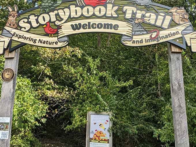 The Storybook Trail entrance invites families to combine hiking with reading, because why choose just one adventure?