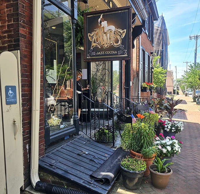Zollies Jazz Cucina's flower-adorned entrance promises the perfect blend of music and meals. Those potted plants are practically dancing to the rhythm inside.