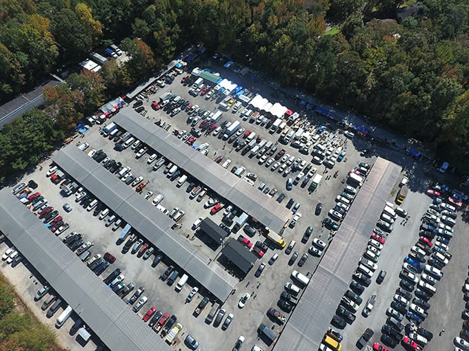 From above, the market resembles an organized chaos of possibility. Each parked car represents someone's treasure hunt in progress.