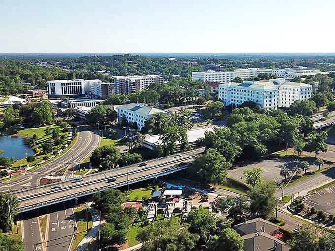 Tallahassee's aerial view reveals a city embraced by forests rather than sprawl. Green canopy and blue waters prove this capital city keeps nature on the payroll.