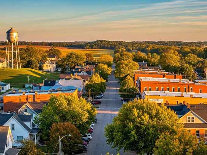 The aerial view captures Elmwood's golden hour glow, where the water tower watches over a town that's doing just fine.