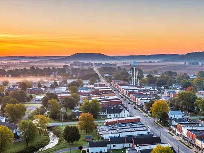 This aerial view captures Kendallville at golden hour, showing a town that's thriving without losing its soul.