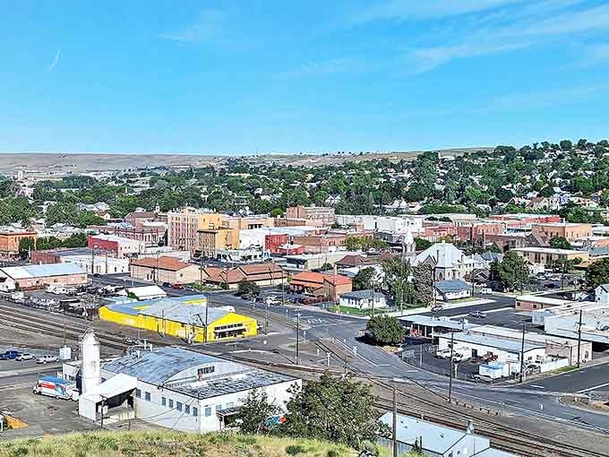 Pendleton unfolds like a storybook from above, nestled between golden hills and blue sky&mdash;a perfect blend of Wild West heritage and small-town charm.