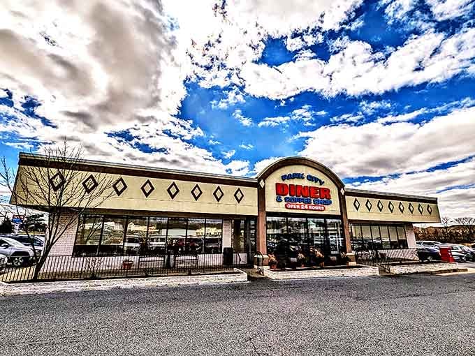 Under dramatic Pennsylvania skies, the Park City Diner stands ready to serve. That neon sign is practically calling your name!
