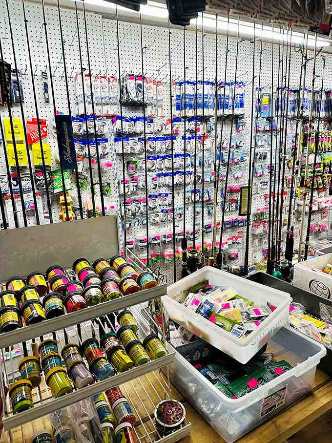 Fishing rods line the wall like a tackle shop exploded in the best possible way, ready for your next big catch.