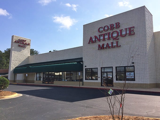 The Cobb Antique Mall welcomes treasure hunters with its iconic red signage. Your wallet may never forgive you, but your home will thank you.