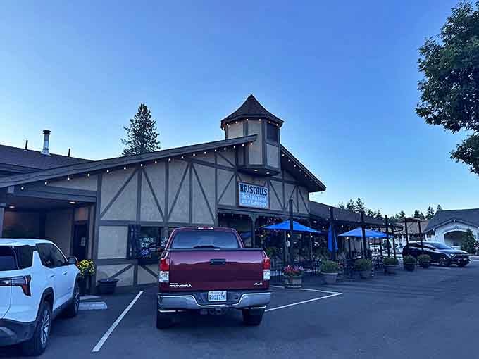 Kristall's at dusk, when the string lights twinkle like stars and the promise of hearty Alpine cuisine beckons travelers and locals alike.