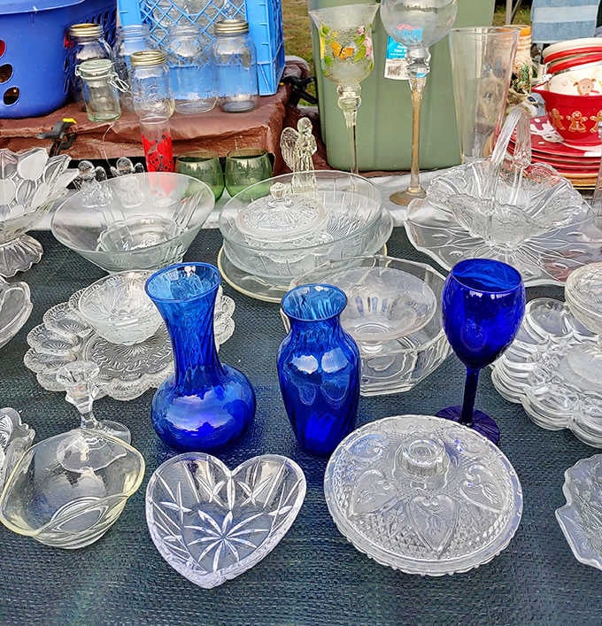 Cobalt blue glass pops against crystal serving pieces. Grandmother's entertaining essentials become tomorrow's dinner party showstoppers.