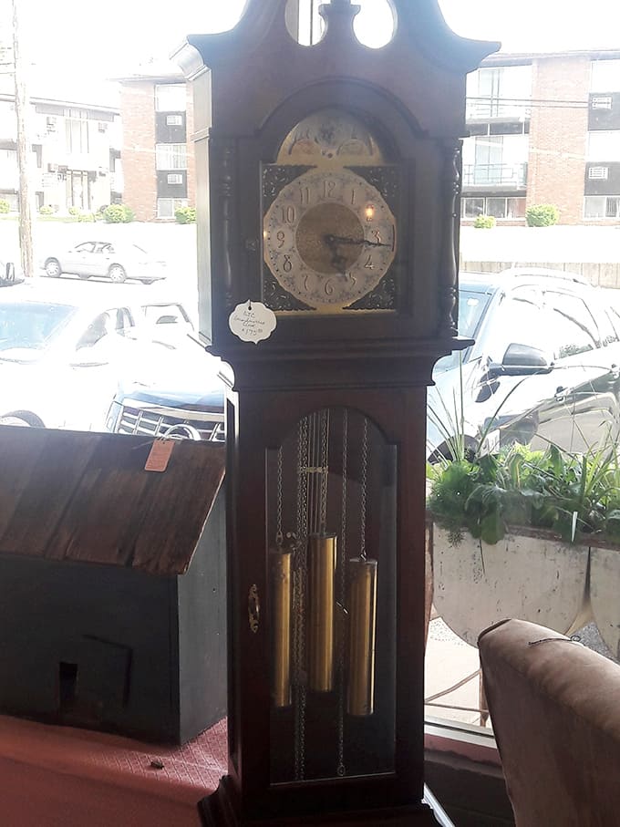 Grandfather clocks that have marked time through decades, still ticking away with dignified persistence.