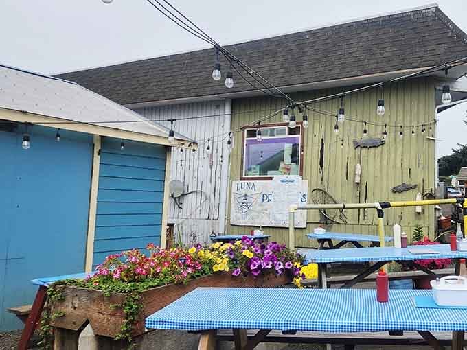 Outdoor seating with flower boxes where you can enjoy your meal while breathing in that perfect Oregon coastal air.