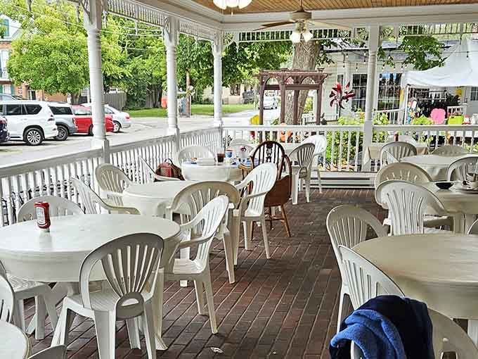The wraparound porch offers al fresco dining with a side of small-town charm, perfect for savoring both pie and passing moments.