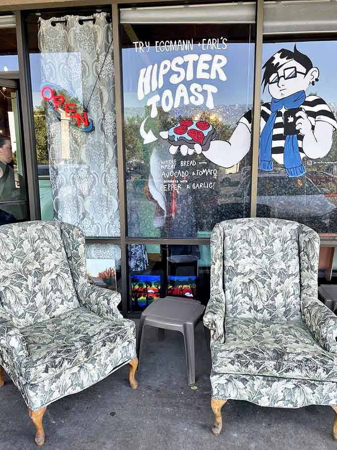 "Hipster Toast" advertised on the window between vintage armchairs &ndash; because even breakfast has to keep up with the times.