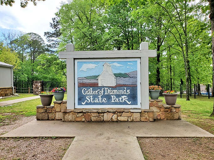 The welcoming sign that launches thousands of diamond dreams each year. Behind these stone pillars lies a field of possibilities.