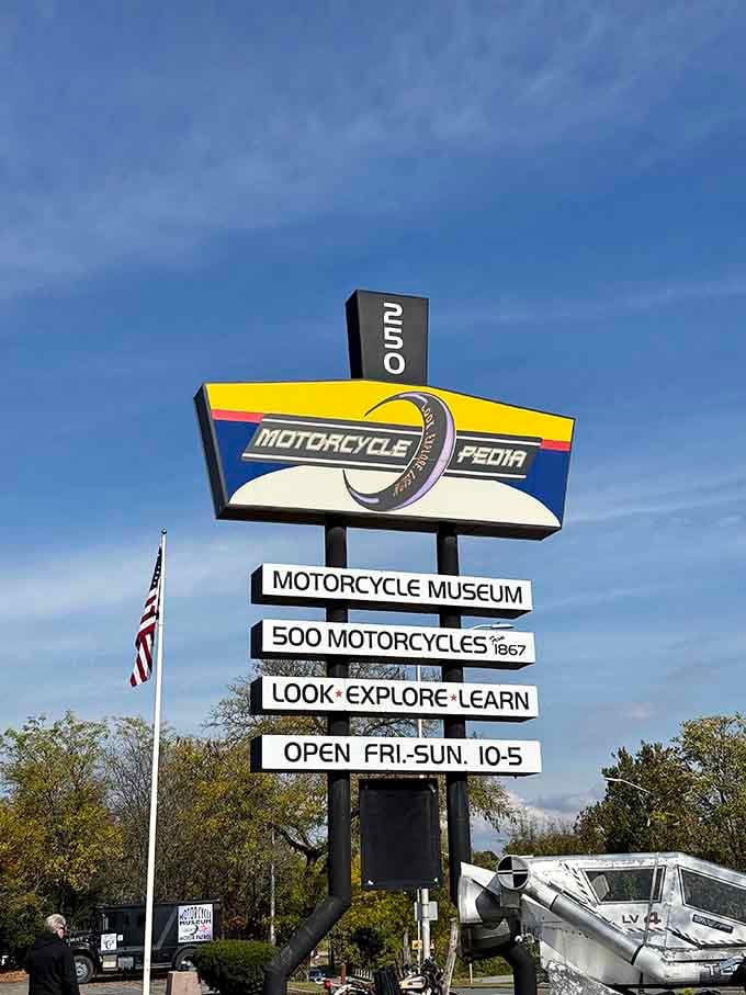 The museum's roadside sign promises 500 motorcycles of pure two-wheeled heaven waiting inside for eager visitors.