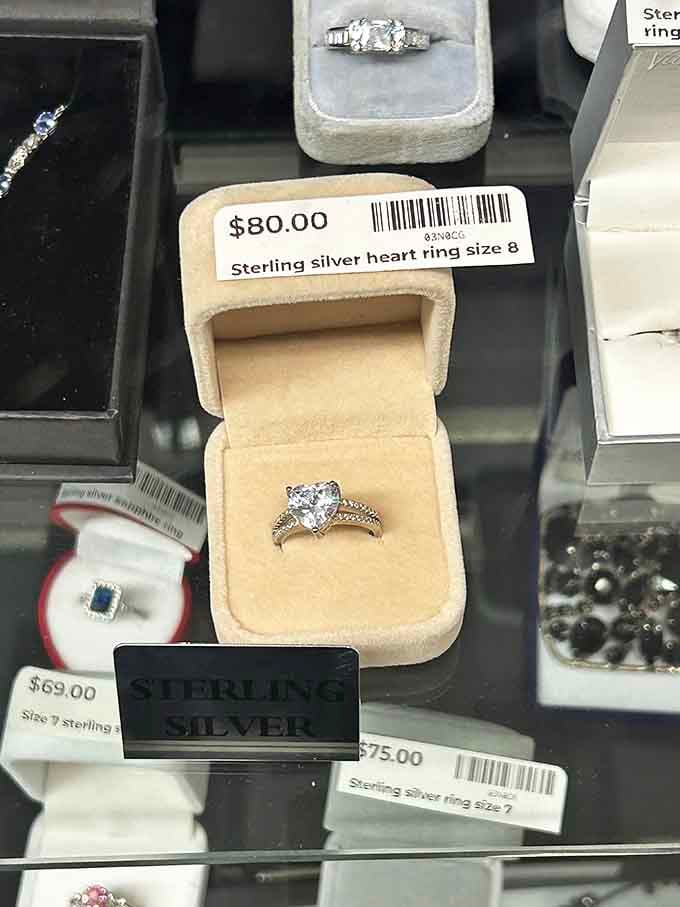 Hidden treasures indeed! This sterling silver heart ring waits in its velvet box for someone to give it a second life of love.