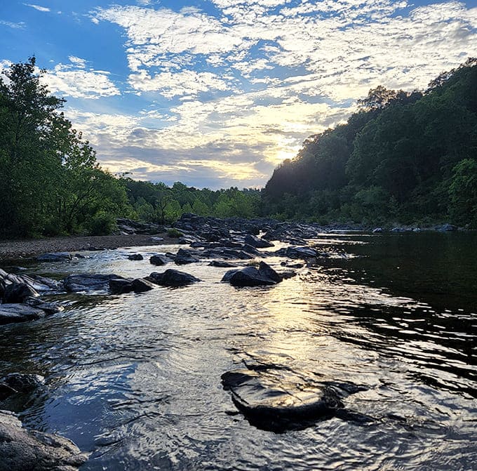 Golden hour at the shut-ins turns ordinary river rocks into glistening jewels&mdash;proof that the best light show doesn't require electricity.