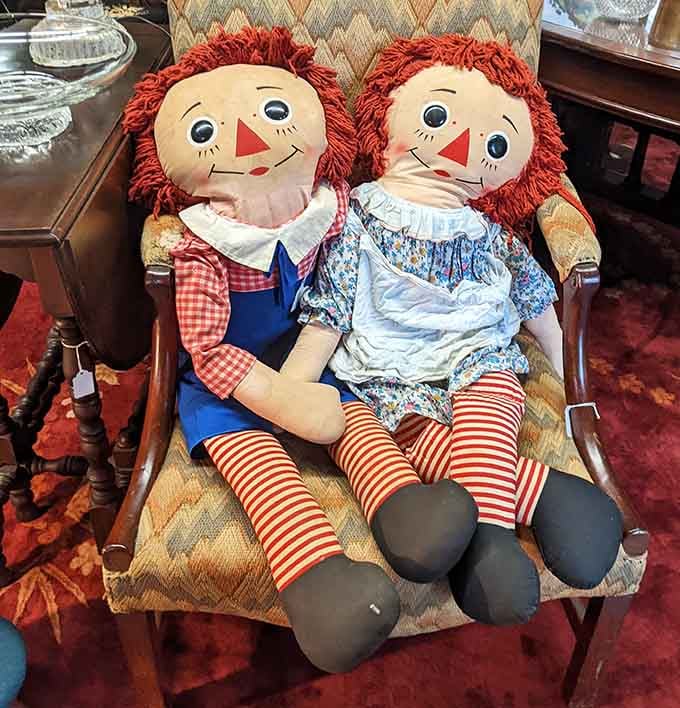 The original odd couple! These vintage Raggedy Ann and Andy dolls sit patiently waiting for their next adventure, their yarn-hair optimism eternally intact.