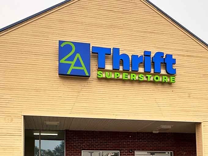 That bright yellow building with bold blue and green signage practically shouts "come find your treasure here!"