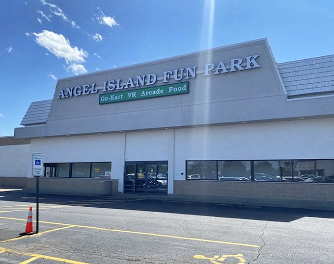 That blue Carolina sky above Angel Island Fun Park promises go-karts, VR adventures, and arcade thrills waiting inside.