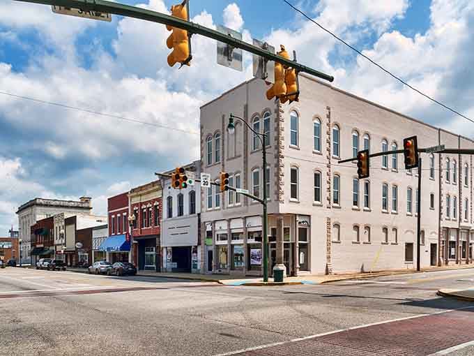 Classic downtown architecture meets blue skies in this charming corner where history lives on every brick.