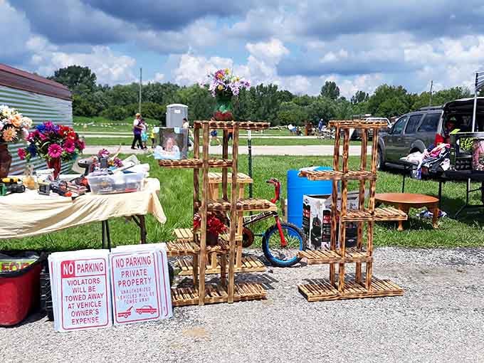 Wooden shelves and bright flowers greet you at this outdoor treasure hunt under Kentucky's beautiful blue skies.