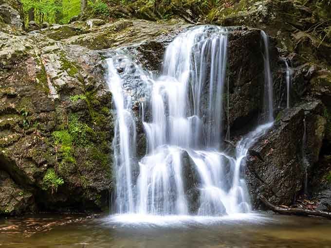 Nature's own tiered fountain show, where moss-covered rocks frame silky water cascading into a perfect amber pool below.