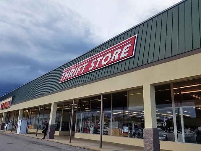 That bold red sign against the evening sky promises treasures waiting inside this sprawling thrift paradise.