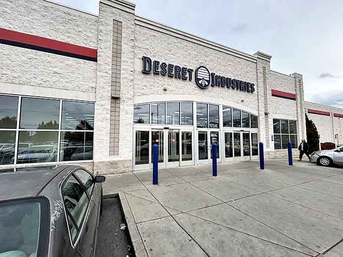 The grand entrance to Deseret Industries beckons with promises of treasures waiting inside. Like a department store where everything has a story to tell.