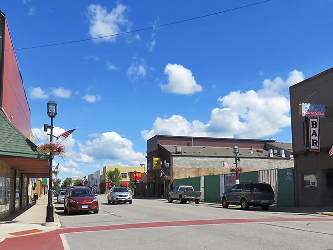 Classic downtown Eveleth stretches under blue skies, where Iron Range history meets affordable small-town living today.