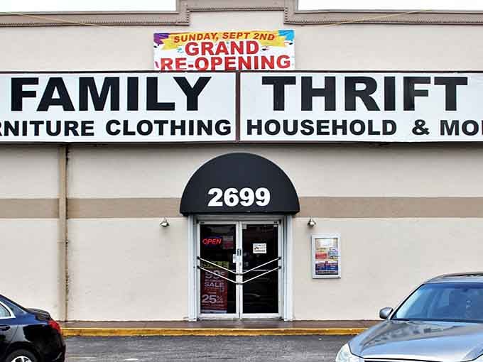 Family Thrift's welcoming storefront promises treasures inside. The grand re-opening banner hints at fresh finds awaiting discovery!