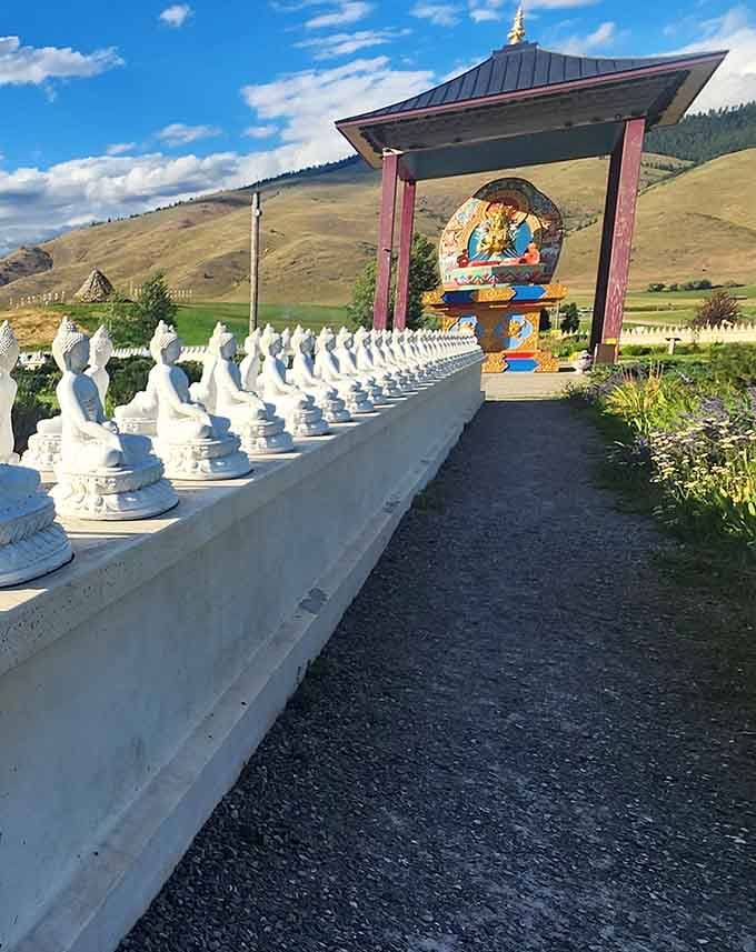 White Buddha statues stand in perfect formation, creating a peaceful oasis in the most unexpected corner of Montana.