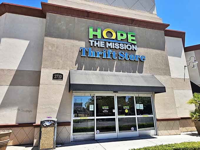 The bright, colorful sign of Hope the Mission beckons like a lighthouse for bargain hunters navigating the sea of retail.