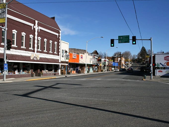 Classic brick storefronts line this Eastern Oregon street where time moves at yesterday's perfect pace.