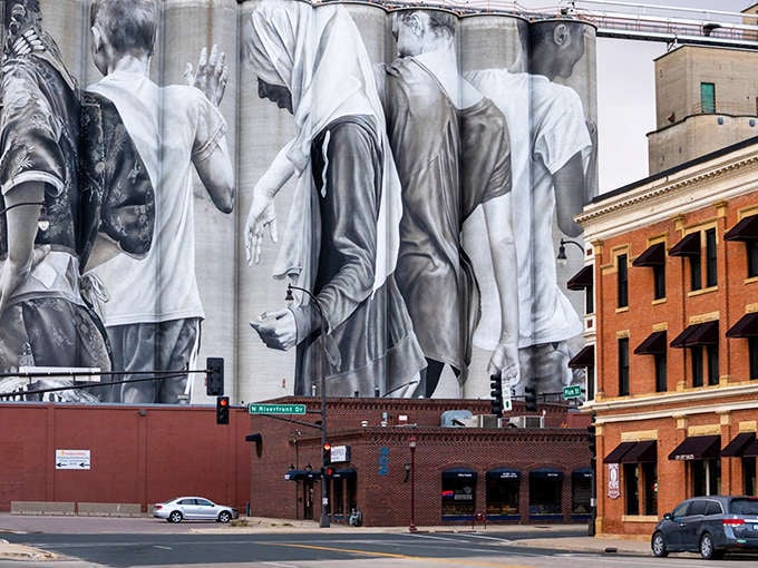 Mankato's iconic grain elevator mural stands like a silent sentinel, watching over downtown with artistic flair that transforms industrial architecture into something magical.