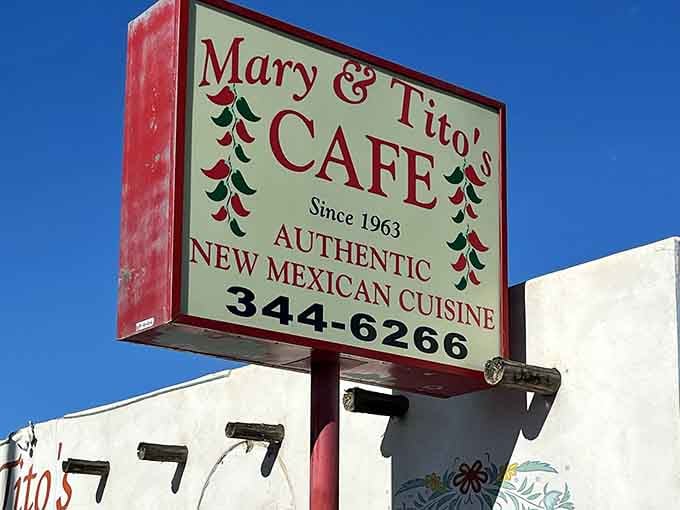 The iconic Mary & Tito's sign promises "Authentic New Mexican Cuisine" – a modest declaration that barely hints at the flavor explosion waiting inside.