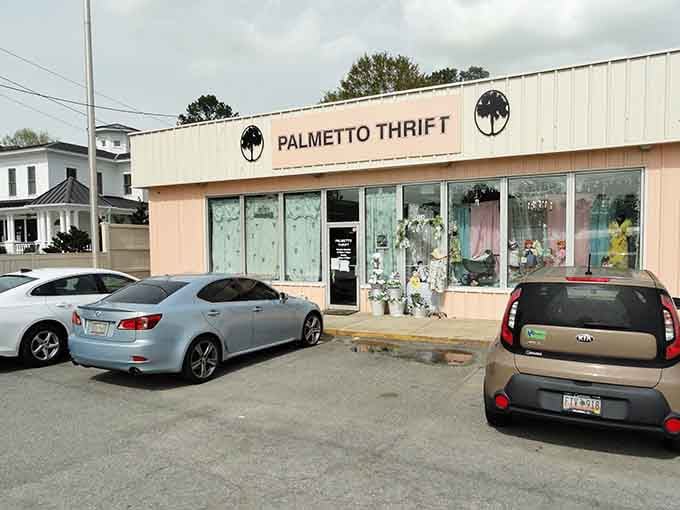 That peachy storefront welcomes you like an old friend with treasures hiding behind those mint-green doors.