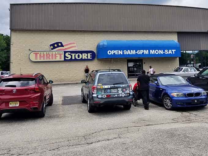 That packed parking lot tells you everything: when treasure hunters gather, something special awaits inside those patriotic doors.