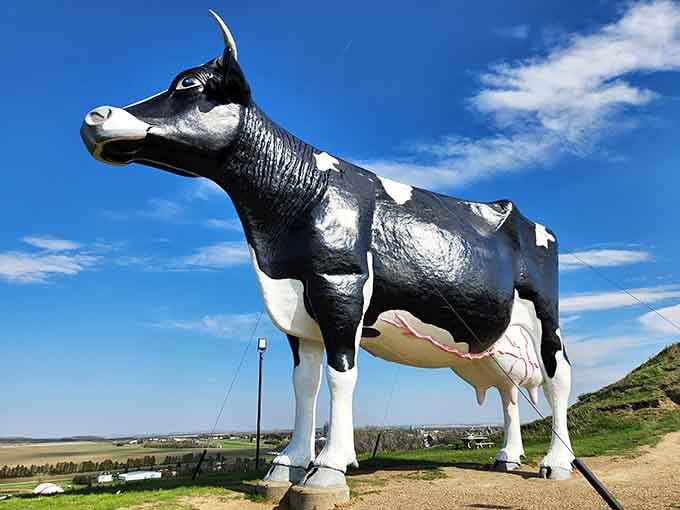 Salem Sue stands majestically against the blue sky, proving that North Dakota takes its dairy heritage very seriously!