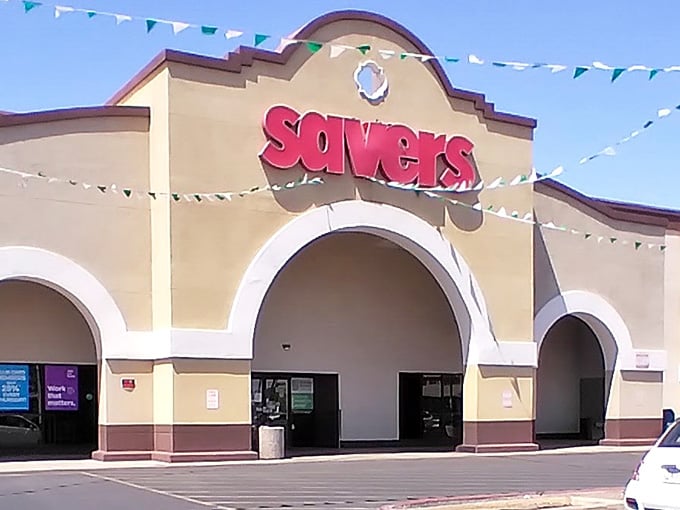 Those festive pennant flags strung across the entrance make thrift shopping feel like a celebration worth attending.