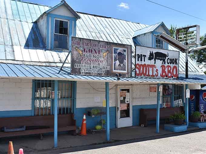 The weathered blue exterior of Scott's Bar-B-Que tells you everything &ndash; authentic smoke-kissed pork awaits inside this legendary Hemingway institution.