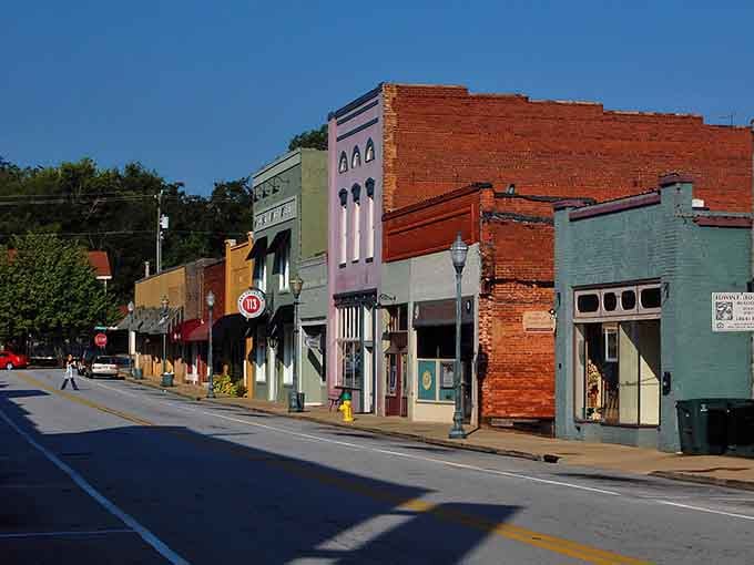 Colorful storefronts line this charming main street where parking is plentiful and stress is optional.