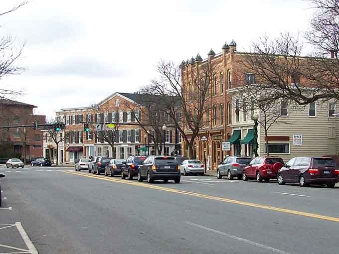 Those towering facades and bare winter trees create a timeless Main Street scene worth savoring slowly.