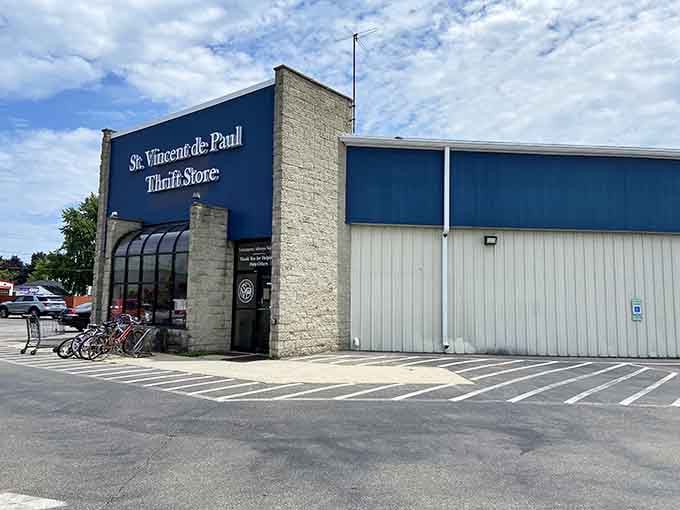 That bold blue facade promises treasure hunting on a grand scale, and those bikes outside prove locals know what's up.