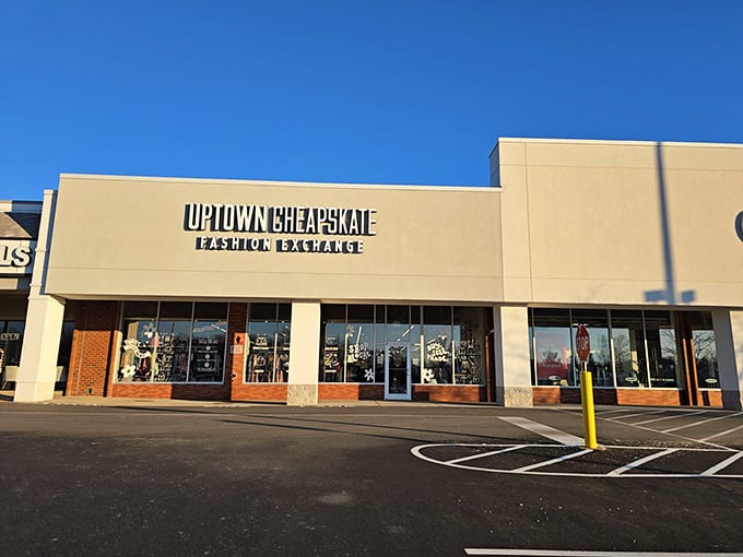 That perfect blue sky and clean storefront tell you this isn't your typical dusty thrift shop experience.